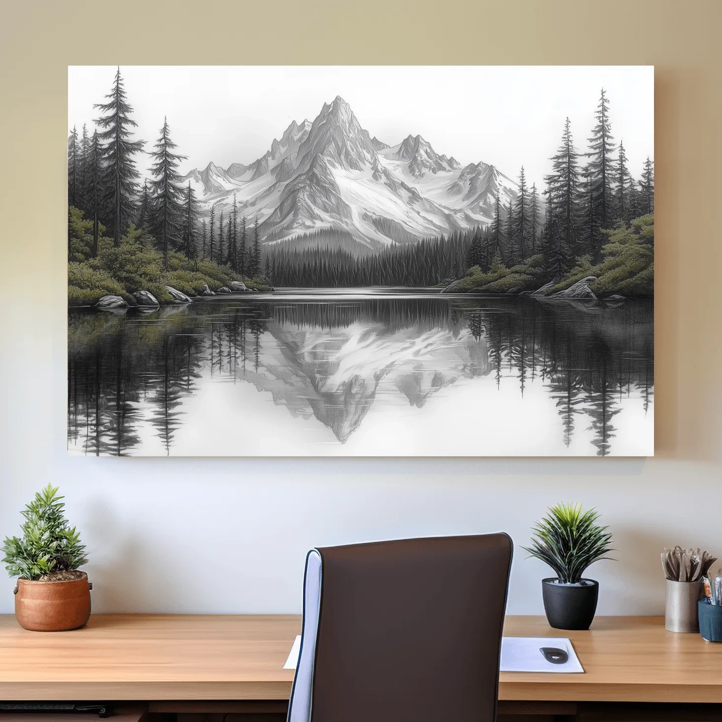 Alpine drawing artwork, lakeside forest under a glacier - Gallery ...